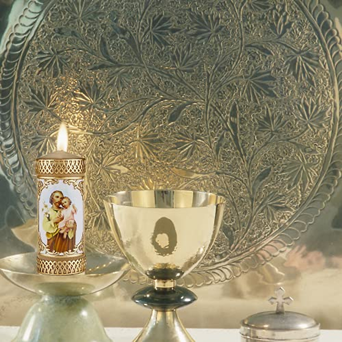 St Joseph and Child Catholic Prayer Candle, Devotional Unscented Hand Decorated Candles Fathers Day Decoration for Churches or Homes, 4.75 Inches