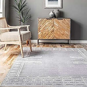nuLOOM Joelle Machine Washable Tribal Geometric Border Ultra Thin Area Rug, 8' x 10', Light Grey