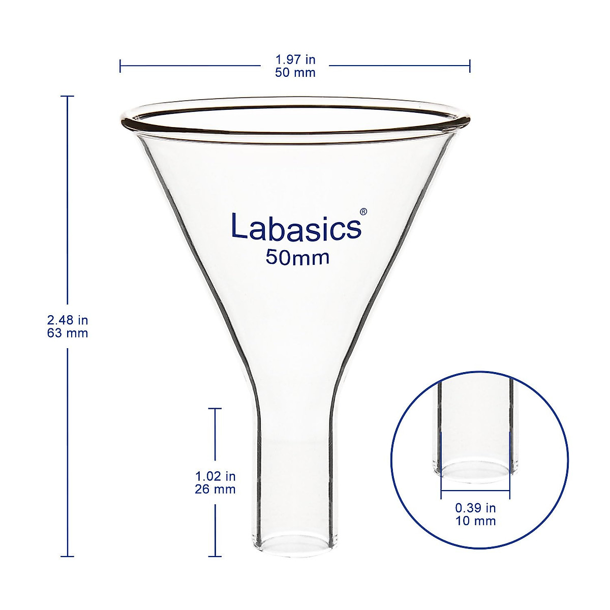 Labasics Glass Powder Funnel, Heavy Wall Borosilicate Glass Short Stem Funnel with 50 mm Top Height and 26 mm Stem Height