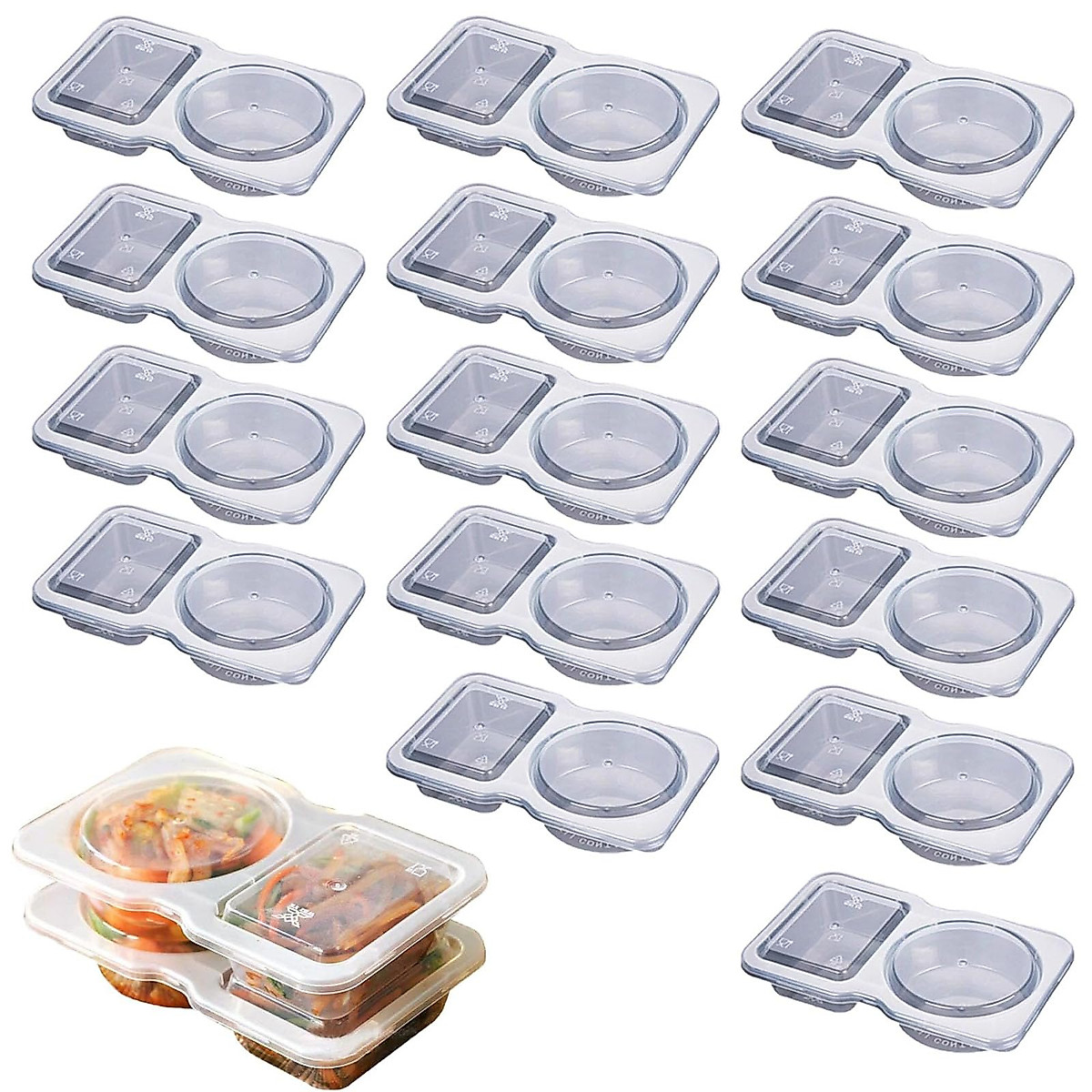 Double Compartment Condiment Container Double Condiment Containers with Lids 2 Compartment Snack Containers Double Compartment Condiment Containers with Lids Sauce Containers (Square Two 150ml,15PCS)