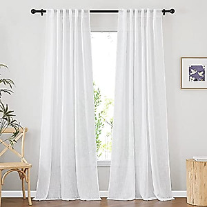 NICETOWN White Sheer Linen Curtains for Living Room, Rod Pocket & Back Tab Sweep to Floor Window Treatments Semi Sheer Drapes Privacy for Patio Door/Hall, 2 Panels, W52 x L95