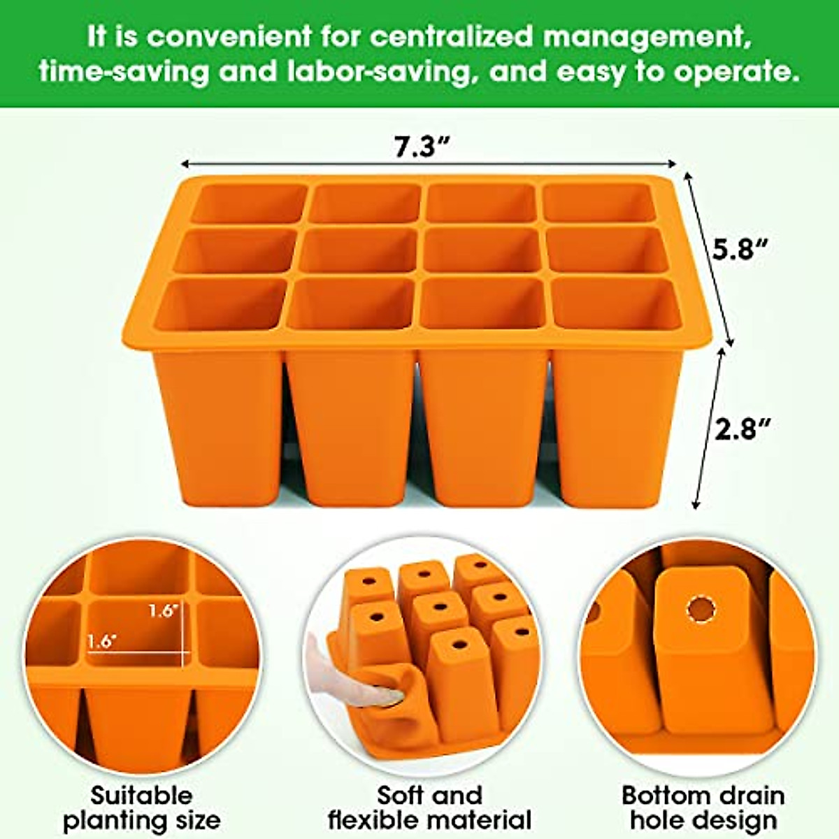 Generic Silicone Seed Starting Tray, Orange, Reusable, BPA Free, 2 Pack, 24 Cells Total, 1.6 x 1.6 x 2.8 Inches