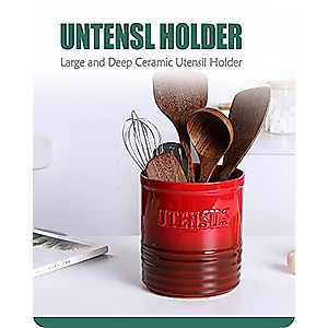 Lareina Utensil Holder for Kitchen Counter, [Elegant & Non-slip] Ceramic Utensil Crock Organizer, H 7" x W6 Large Cooking Utensil Holder with Anti-slip Cork Bottom for Home Décor, Christmas Red