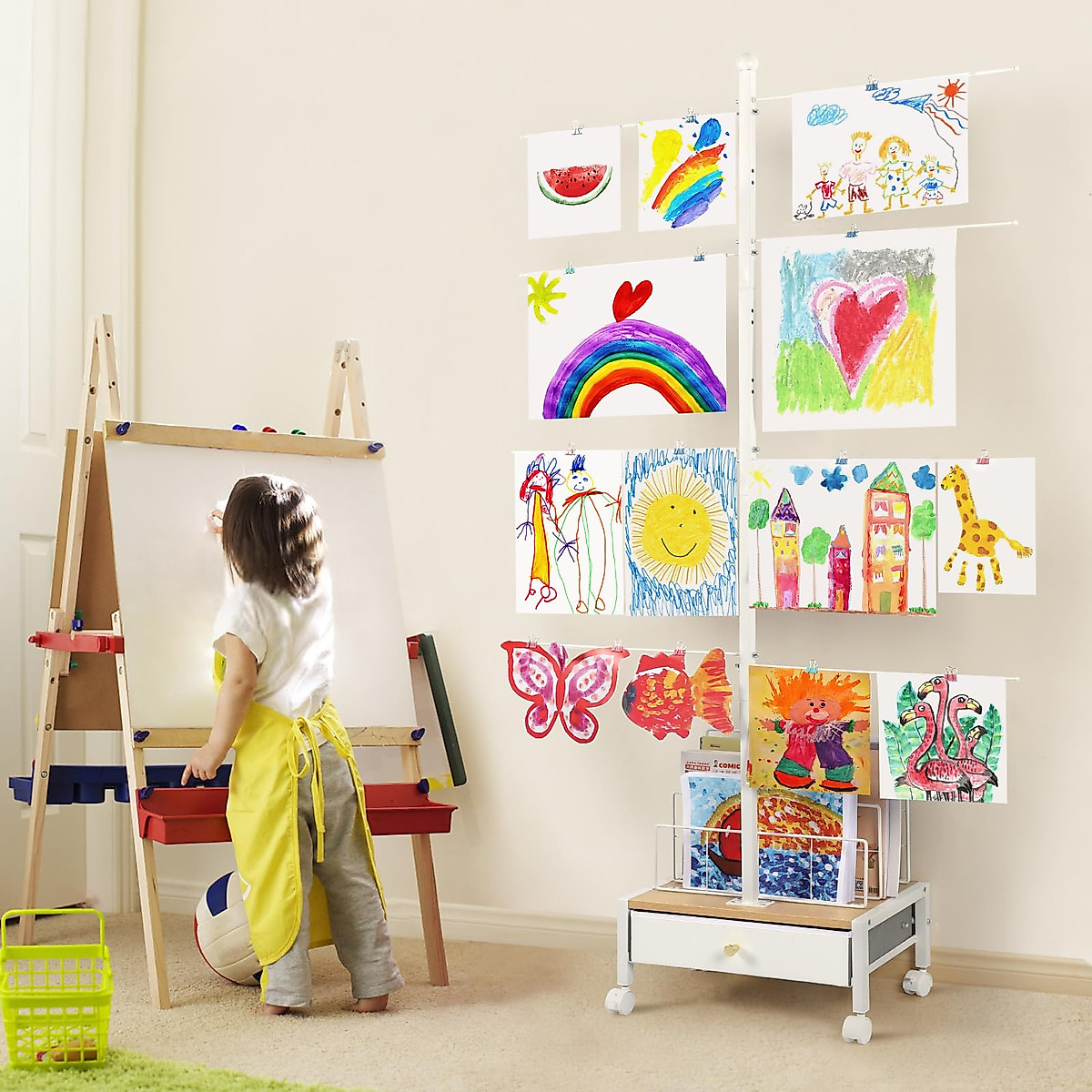 Bikoney Art Display for Kids Artwork-(30 Clips -Total 12ft Wire)-Kids Art Display-Art Drying Rack-Floor Picture Hanging System Kit for Drawing/Photo/Card/Picture Collage Display