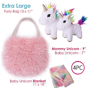Perfectto Design Unicorn Toy for Girls Age 3-10; 4 PCS Set - Mommy and Baby Stuffed Animals, Bag and a Doll Blanket. Unicorn Gift for 3-8 Year Old Birthdays and Christmas