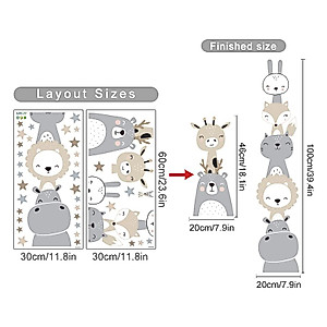 Cartoon Animals Height Growth Chart Wall Sticker Boho Style Peel and Stick Removable Wall Decals Children Kindergarten Nursery Bedroom Door Decoration (Beige & Grey)
