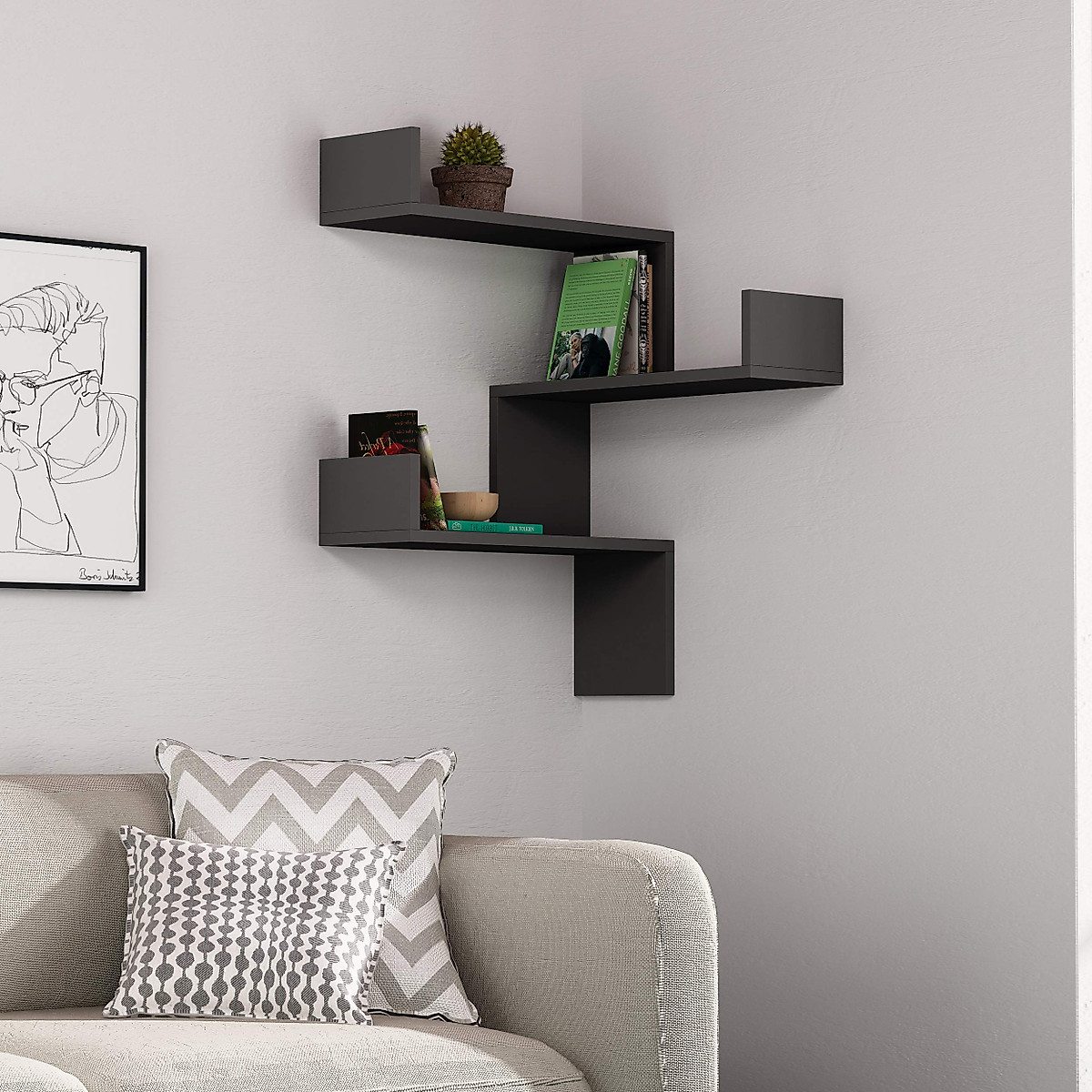 JV Home Luksa Collection Corner Bookcase Wall Mounted Stylish Floating Shelf Corner Bookshelf Decorative Wide Shelving Storage 24 Inch Anthracite