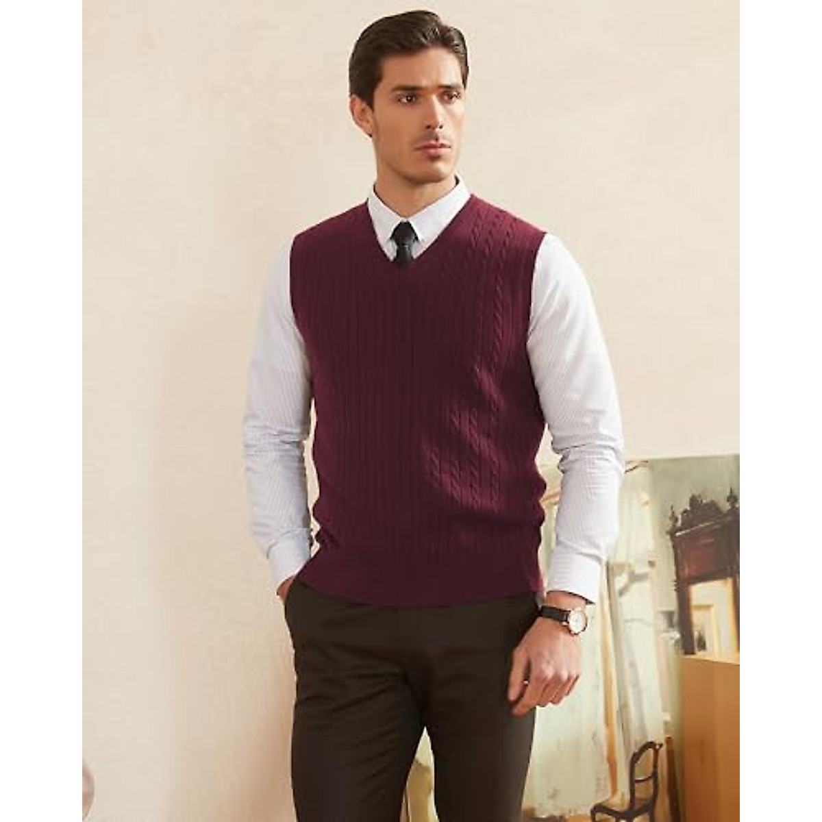 Kallspin Men’s Wool Blended Cable Knit Vest Sweater V Neck Relaxed Fit Sleeveless Pullovers (Burgundy Red Medium)