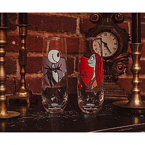 Disney The Nightmare Before Christmas Jack and Sally 9-Ounce Stemless Fluted Glassware, Set of 2 | Toasting Champagne Glass Cups For Wine, Mimosas, Cocktails | Home Bar & Kitchen Essentials