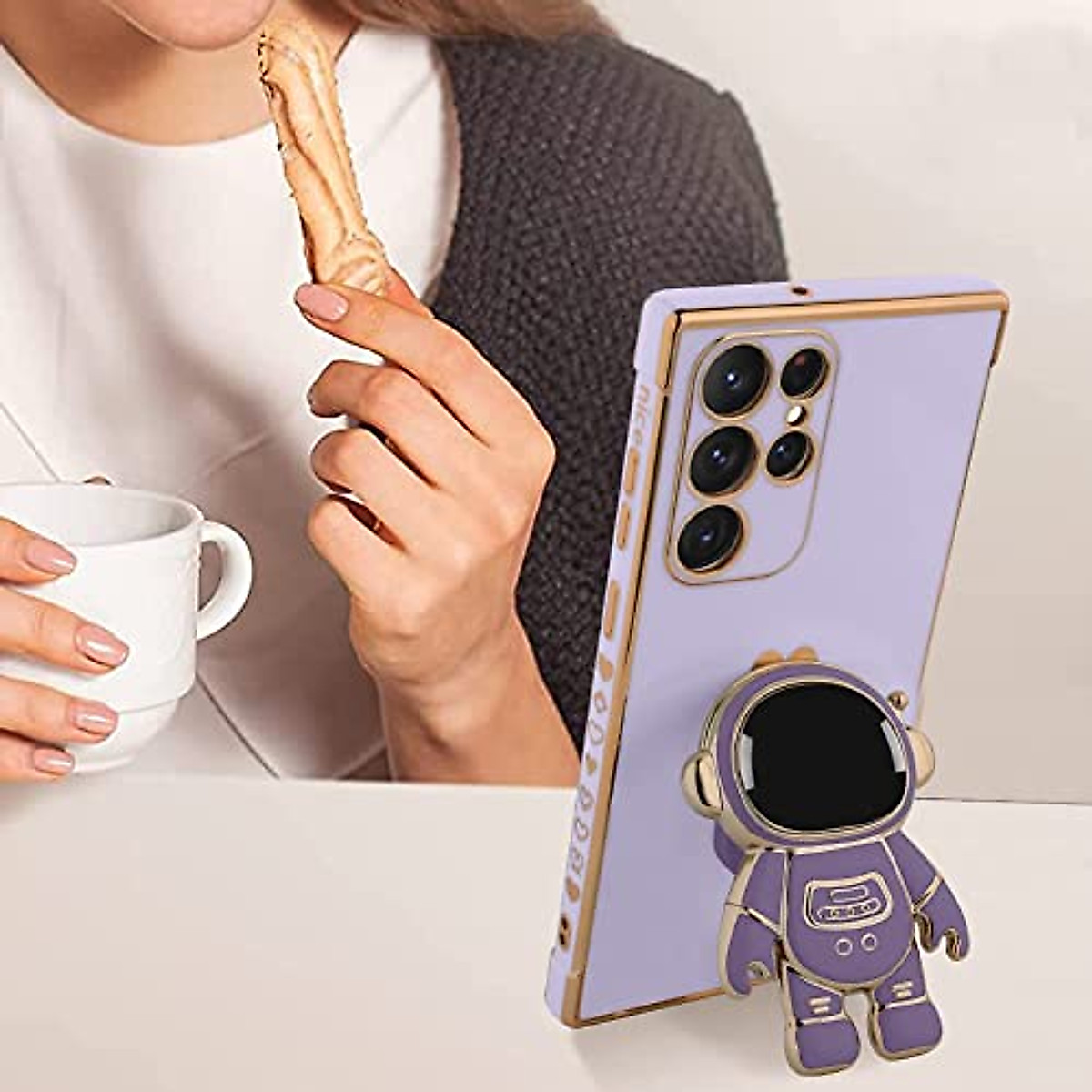 AIGOMARA 6D Plating Astronaut Hidden Stand Case Cover for Samsung Galaxy S22 Ultra 5G Women Astronaut Folding Bracket Kickstand iPhone Case with Camera Protector Soft TPU Shockproof Bumper - Purple