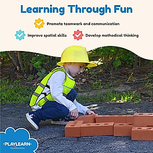 Playlearn 25pc Foam Brick Building Blocks for Kids- Children’s Reflective Worker Vest and Storage Bag Included - Actual Brick Size – Lightweight, Soft Building Blocks - Fake Brick Blocks