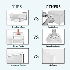 WAYTRIM Clear Plastic Shoe Storage Boxes, Foldable 18 Pack Stackable Shoe Organizer for Closet, Drop Front Door Sturdy Sneaker Containers for Women’s Size 14 - Large