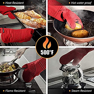 Rorecay Extra Long Oven Mitts and Pot Holders Sets: Heat Resistant Silicone Oven Mittens with Mini Oven Gloves and Hot Pads Potholders for Kitchen Baking Cooking, Quilted Liner, Red, Pack of 6