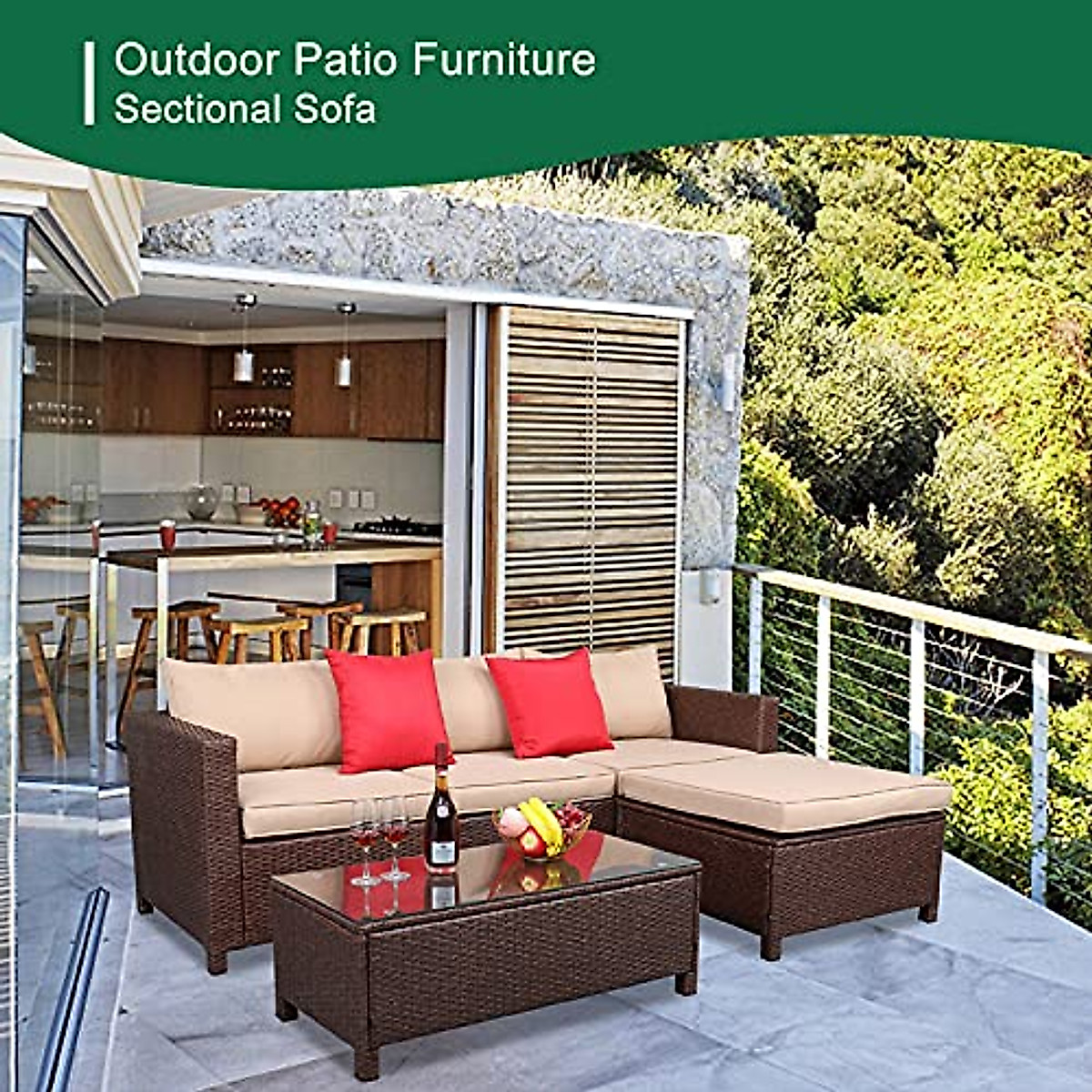 L-DREAM Patio Porch Sofa 5-Piece Set - Rattan Seating Sofa with Tea Table - Brown PE Wicker Rattan - with Washable Couch Cushions - for Outdoor Garden Backyard Poolside Furniture (Color : Brown)