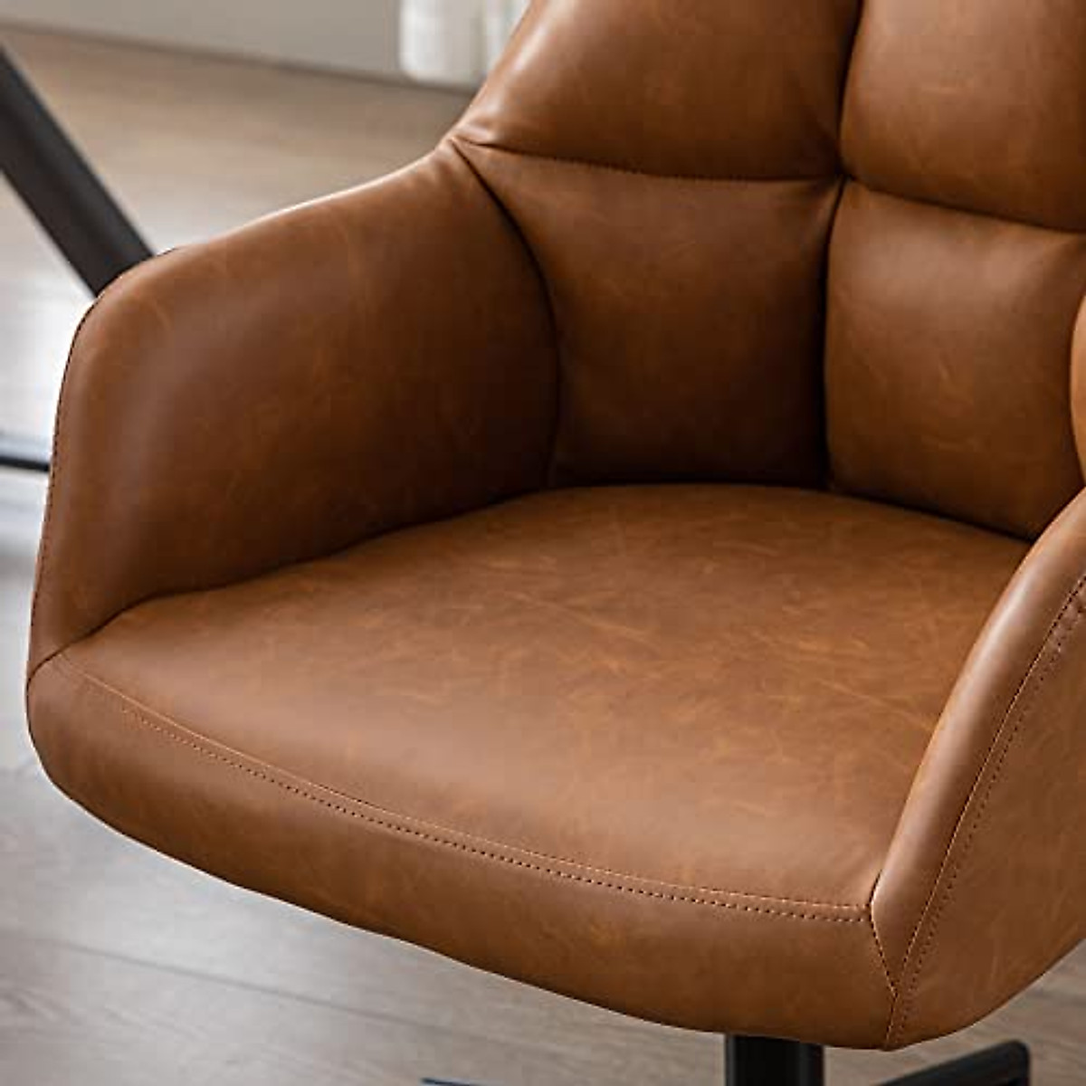 VESCASA Adjustable Home Office Desk Chair with Comfy Square Tufted Mid-Back, Faux Leather 360 Swivel Upholstered Task Armchair with Wheels for Teens Bedroom/Living Room, (Brown)