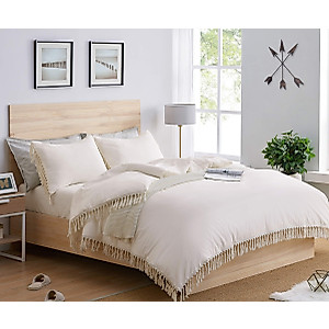 Sweet Jojo Designs Bohemian Boho Chic Ivory Macrame Tassel 3 pc. Full/Queen Size Bed Bedding Duvet Comforter Cover and Sham Set Off White Cotton Fringe Textured Tufted Luxury Minimalist Farmhouse