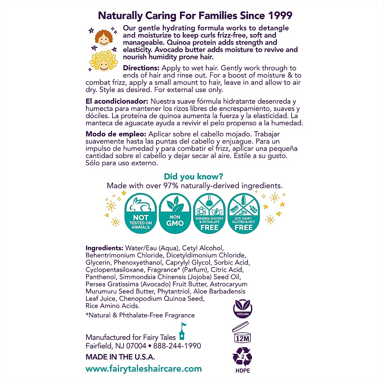 Fairy Tales Kids Moisturizing Conditioner for Curly and Multi-Cultural Hair - Paraben, Sulfate, Gluten and Nut Free - 8 oz