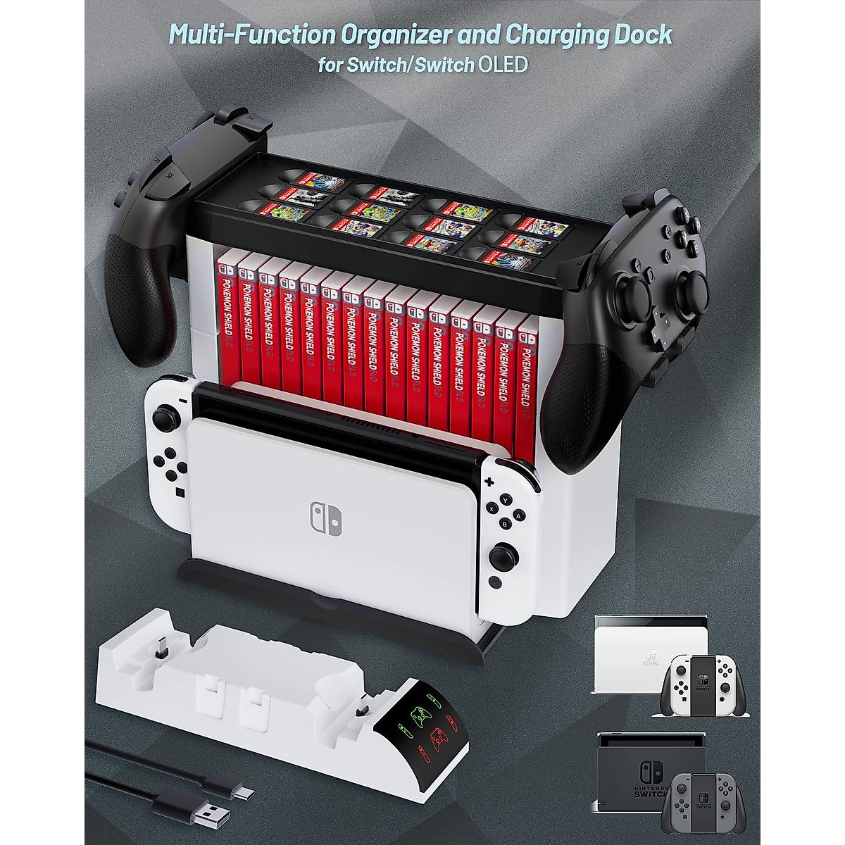 Switch Organizer with Controller Charging Station, ZAONOOL Charger Stand for Nintendo Switch & OLED Joycon, Pro Controller, Accessories Storage Tower for Games, TV Dock