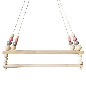 YINCOO Wooden Rope Swing Floating Shelves with Wood Beads, Hanging Rod for Wall Bedroom Kids Living Room Playroom Boho Decor Ornaments Nordic Display (Pink)