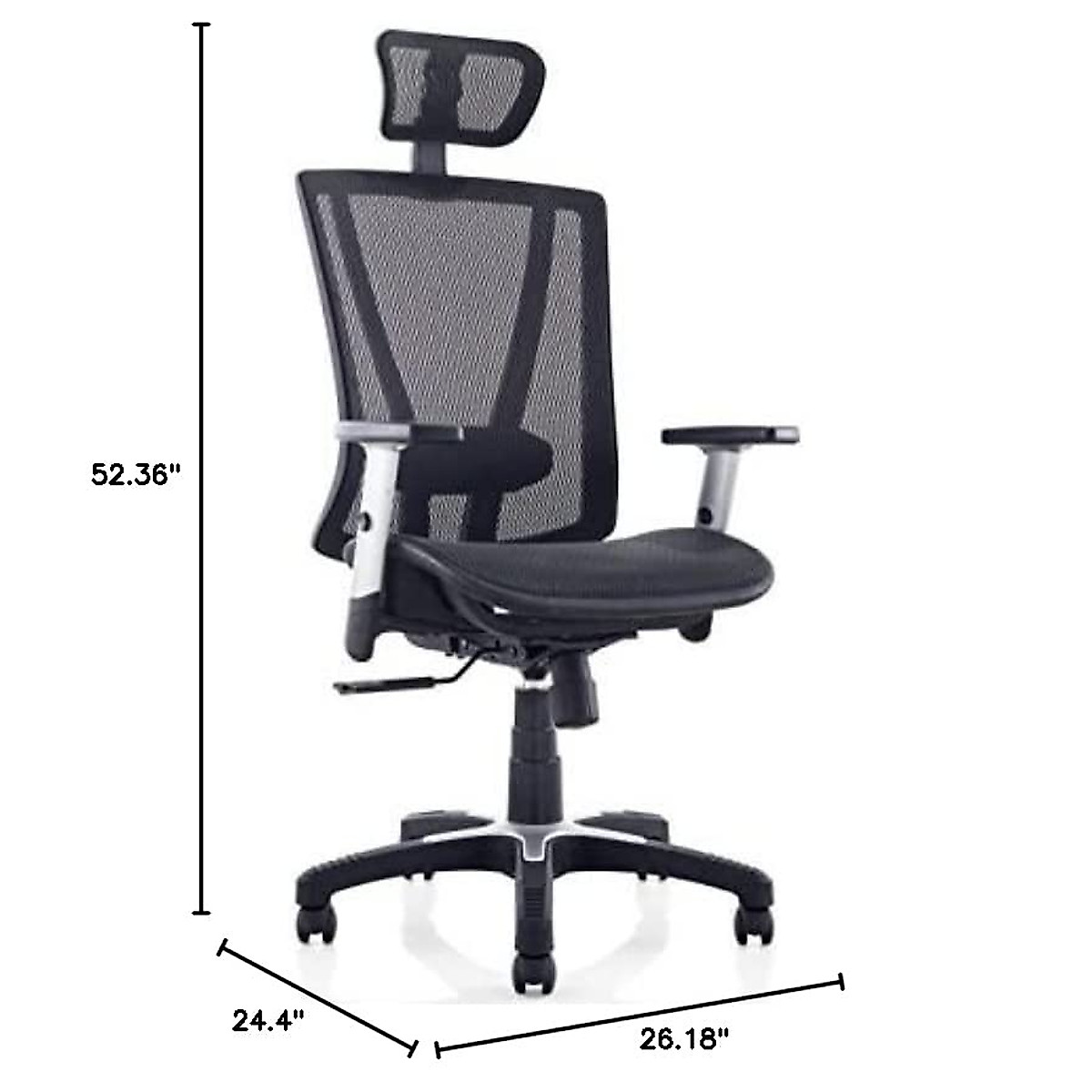 Ergomax MSH112BK Ergonomic Adjustable Home Office All Mesh Desk, Lumbar Support & Back Relief Breathable Chair, 53 inch Max Height, Black