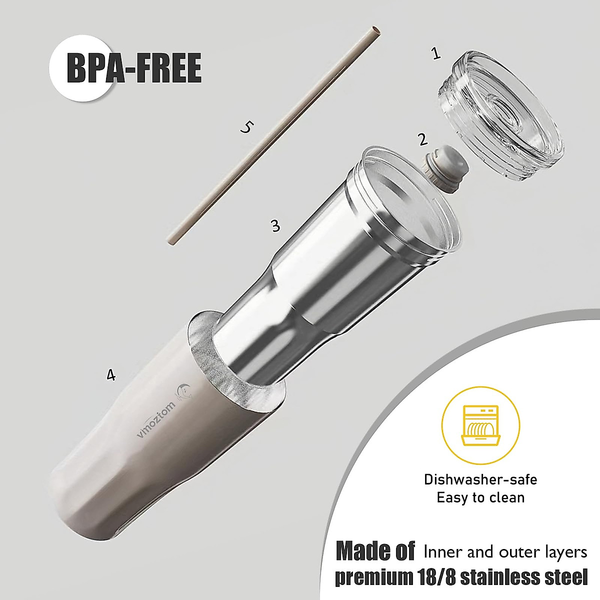 VIMOZTOM Insulated Tumbler with Lid and Straw, 20 oz Double Wall 18/8 Stainless Steel Travel Coffee Mug, To Go Iced Coffee Cup, Spill Proof, Dishwasher Safe (Beige)