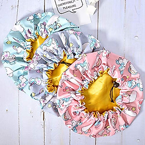 3 Pieces Kids Unicorn Satin Bonnet Adjustable Sleeping Cap Soft Silk Flower Night Hats for Natural Hair Teens Toddler Child Baby Reversible Double
