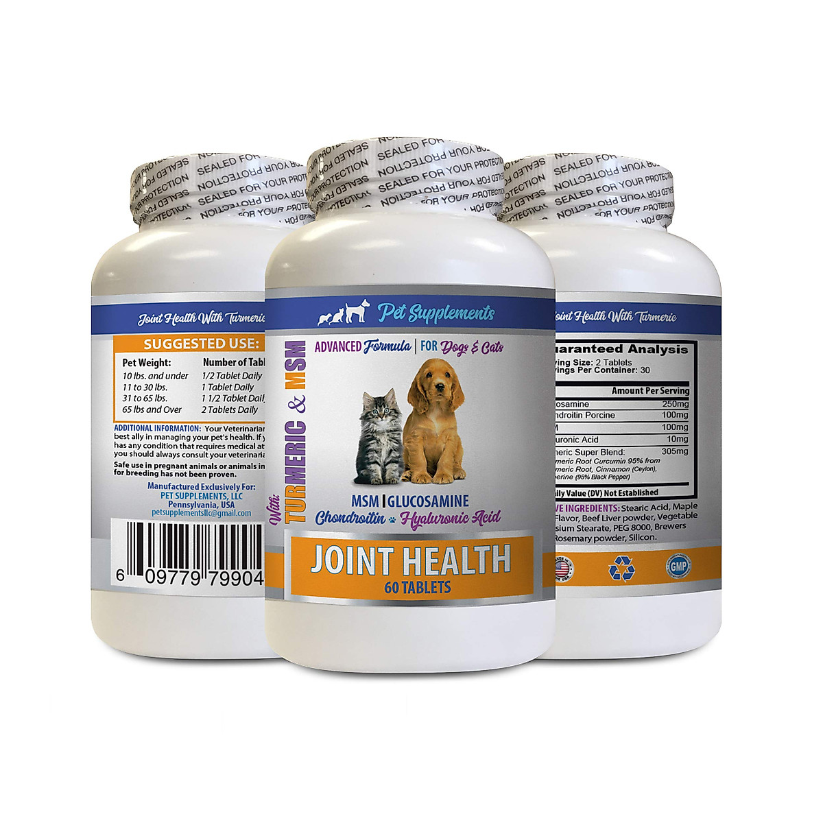 cat Hip and Joint Supplements - PET Joint Health - Dogs and Cats - Turmeric and MSM - Increase Mobility - Decrease Inflammation - Premium - glucosamine Monitors for Cats - 1 Bottle (60 Tablets)