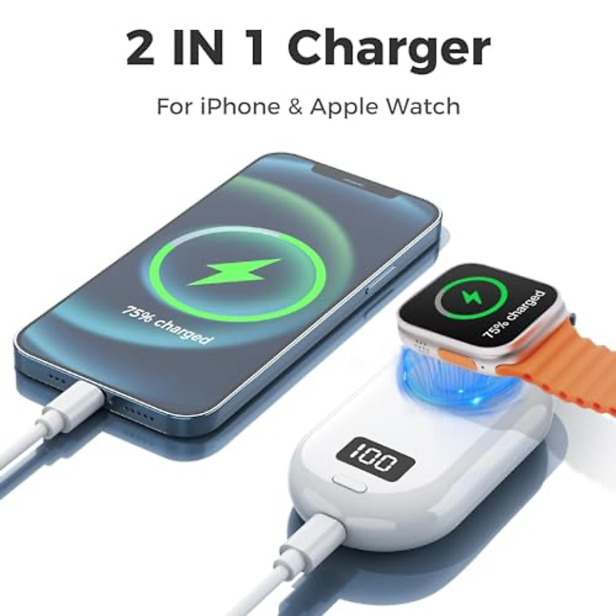 AORATY 3000mAh(Large-Capacity) Portable Charger for Apple Watch, 2 in 1 Wireless Magnetic iWatch Charger with Digital Display Travel Power Bank for Apple Watch Series 9/8/7/6/5/4/SE/Ultra 2/Ultra