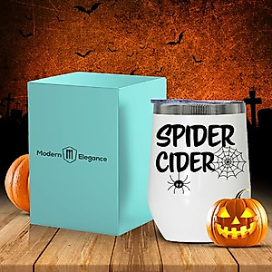 Halloween Tumbler Stemless Wine Glass – 12Oz Wine Tumbler with Straw– Cute Spider Insulated Steel Tumblers Halloween Cup – Spill-Proof, Reusable Halloween Mugs (Modern White - Spider Cider)