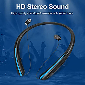 APPINESSEY Bluetooth Headphones Retractable, Neckband Headset with Sports Sweatproof/Waterproof, Noise Cancelling and Stereo Quality Sound Earbuds with Mic for Driving, Workout, Running (Black Blue)