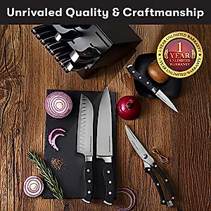 19-Piece Kitchen Knife Set With Wooden Knife Block - German Stainless Steel Knife Set for Kitchen with Block, Paring, Chefs, Santoku, Carving, Utility & 8 Steak Knives - Knife Sharpener & Shears