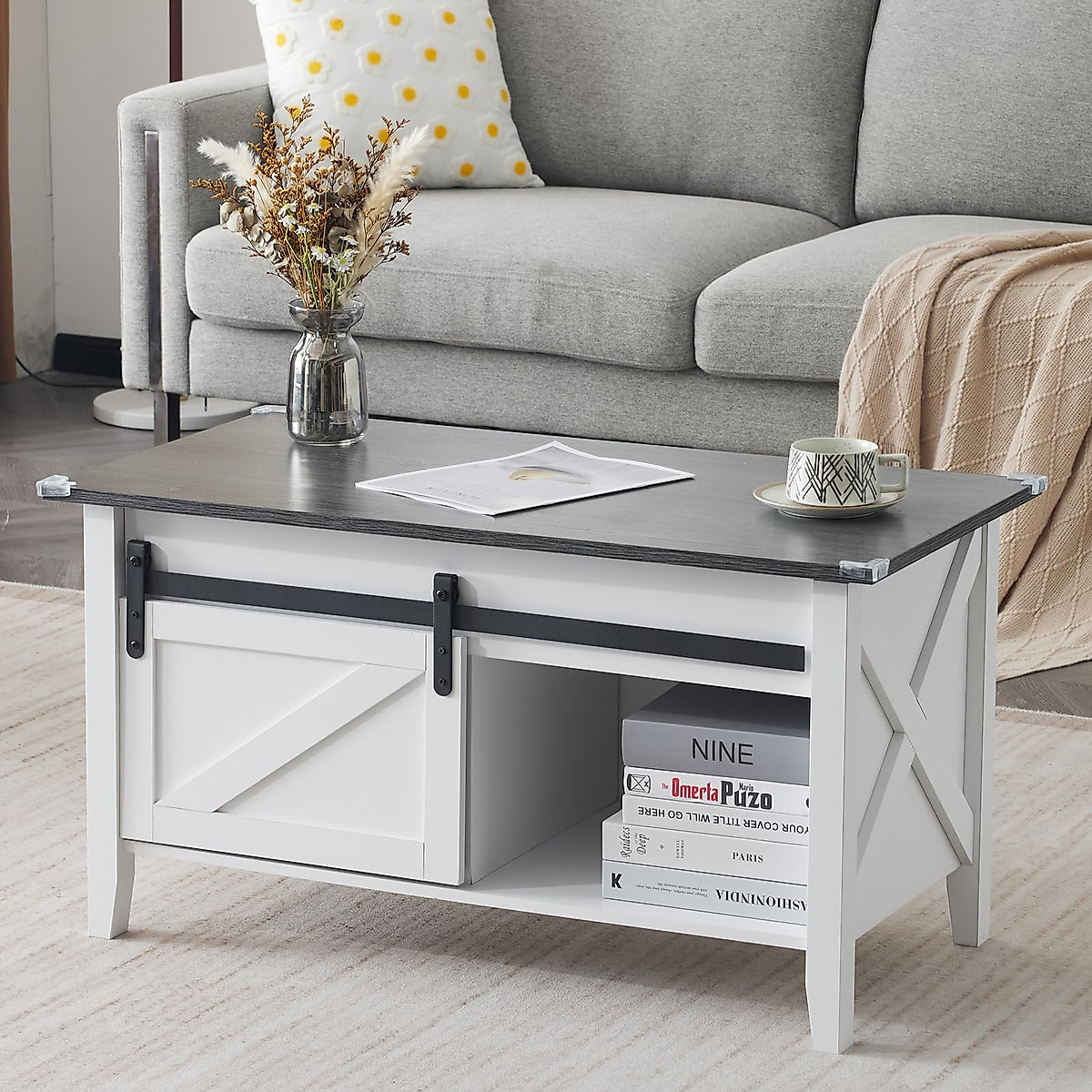 VINGLI White Charcoal Lift Top Coffee Table, 36" Small Farmhouse Barn Door Coffee Table with Storage, Rectangular Center Wood Coffe Table with Lifting Top, Living Room Tables with Hidden Compartment