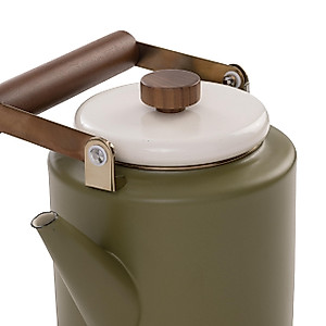 Barebones 2-Tone Enamel Teapot - Vintage Inspired Design - Baked Stainless Steel Rim - FSC Certified Natural Walnut Handle Tea Kettle - 1.5 Liters, 6 Cups (Olive Drab)