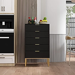 FAMAPY Chest of Drawers 5-Drawer Dresser with Straight Gold Metal Legs, Wood Storage Chest Drawer Organizer Large Storage for Bedroom Black (23.6”W x 15.7”D x 41.1”H)