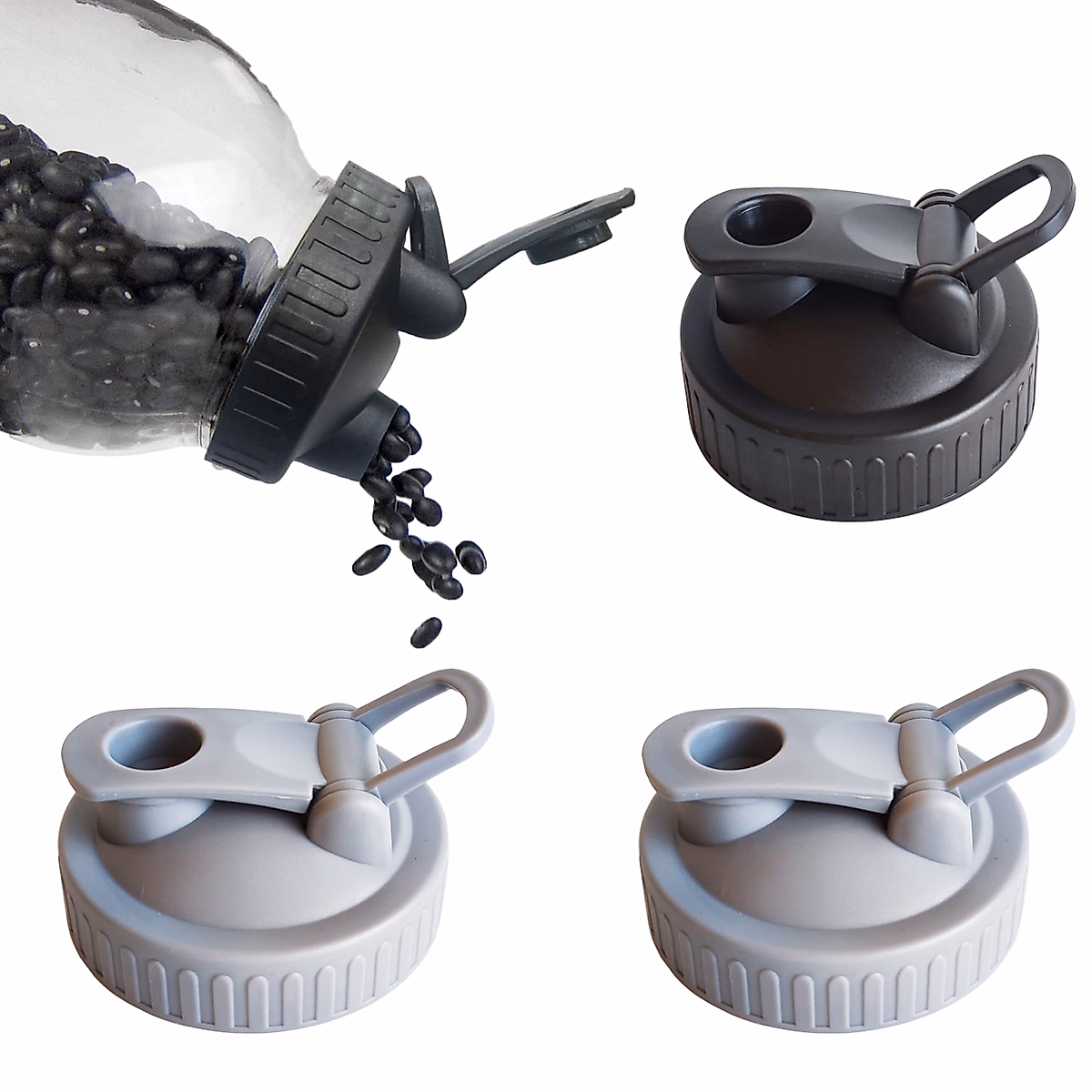 Ckuakiwu Mason Jar Lids, 4pcs 2.76inch Leak-Proof Flip Mason Jar Lid, Regular Mouth Mason Jar Pour Spout Lids, Easy Pouring Spout Lids for Kitchen (Black+Gray)