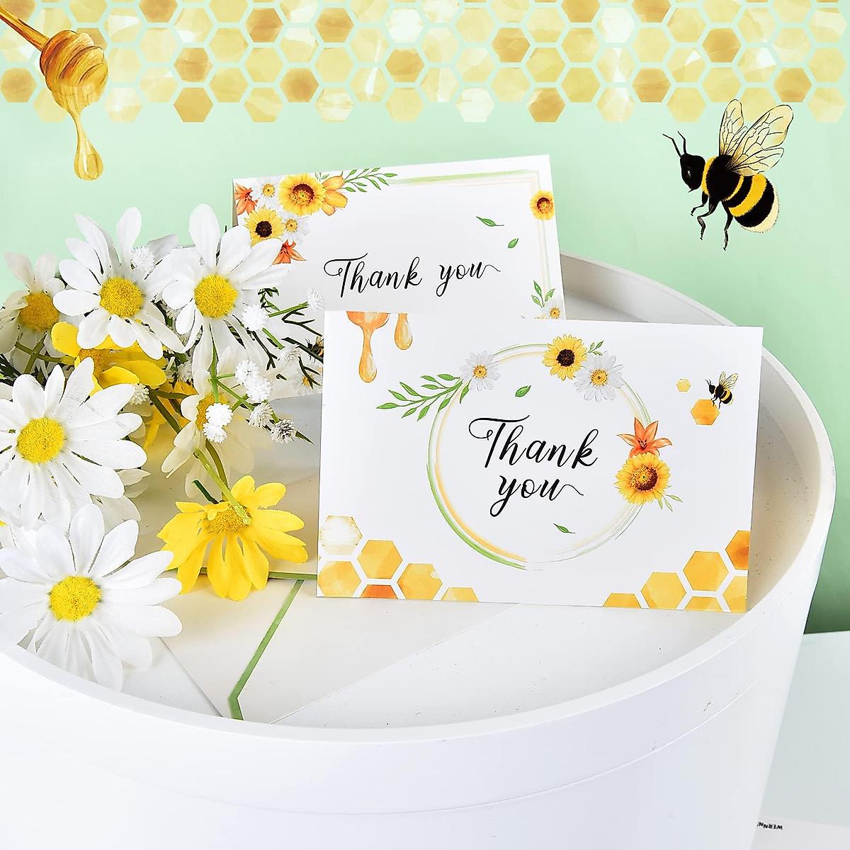 WERNNSAI Bee Thank You Card - 24 Sets Sunflower Thank You Cards with Envelopes for Kids Bumble Bee Blank Note Greeting Cards for Birthday Party 4" x 6"