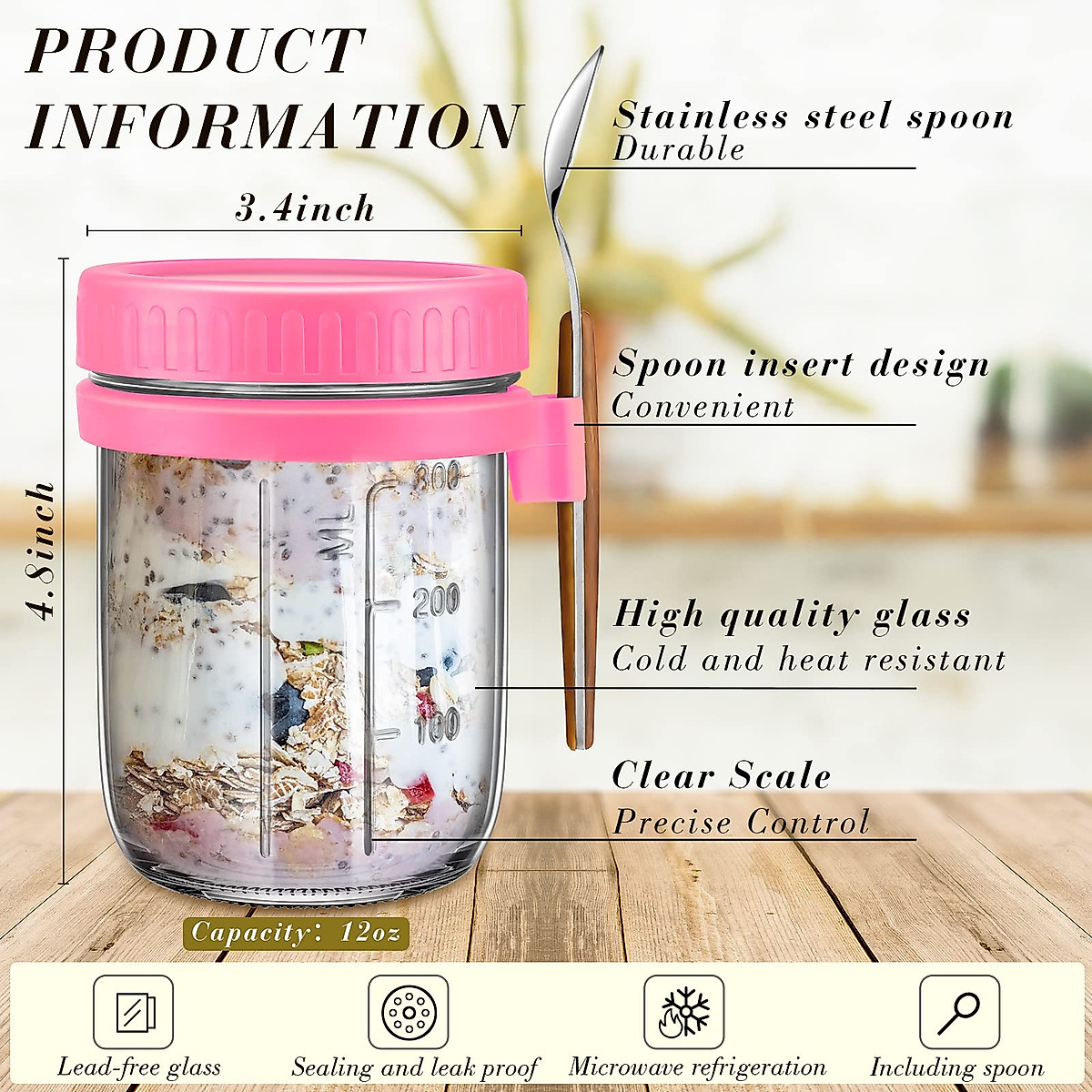Sieral 4 Set Overnight Oats Containers with Lid and Spoon Overnight Oats Jars 12oz Glass Airtight with Measurement for Cereal Yogurt Milk (Multicolor)