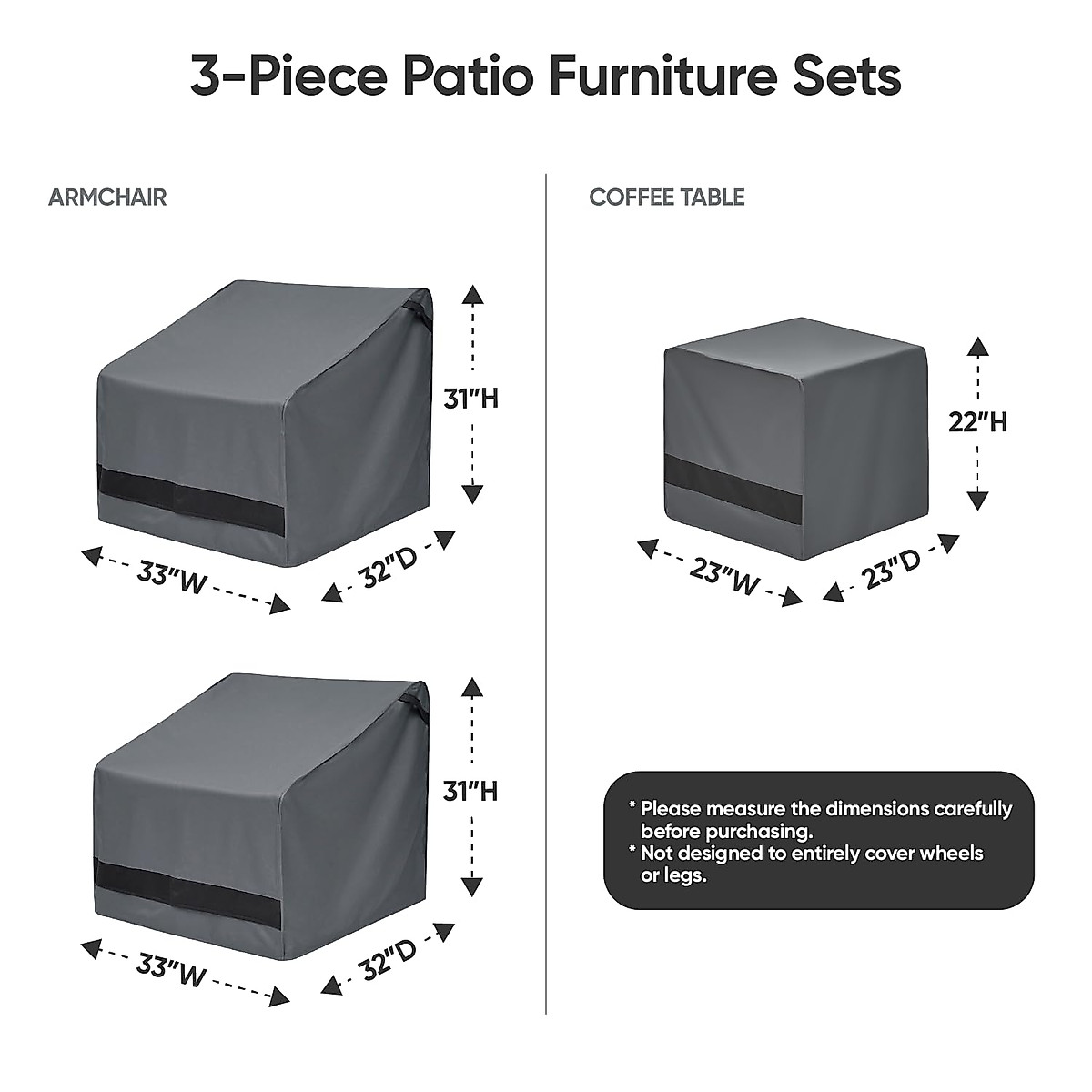 loriano Patio Furniture Covers Set, 3 Piece Outdoor Furniture Cover Waterproof, 600D Heavy Duty Lawn Furniture Covers Set Grey