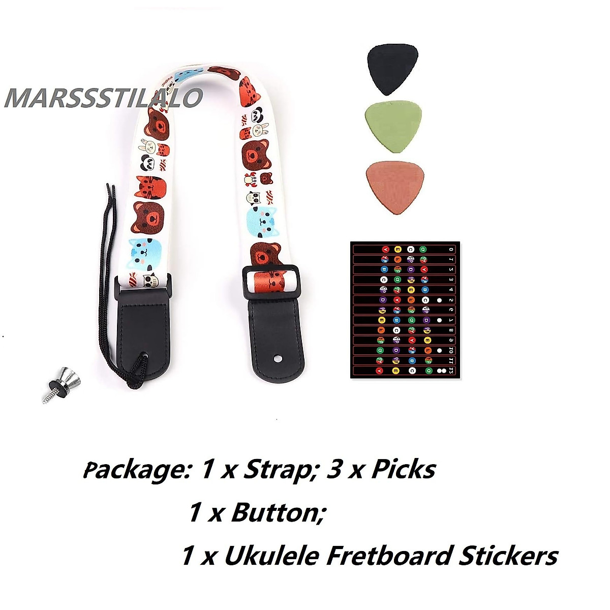MARSSSTILALO Cute Soft Polyster Cartoon Ukulele Shoulder Strap Small Guitars Strap, Hawaiian, Tenor Ukuleles, Concert Ukuleles, White