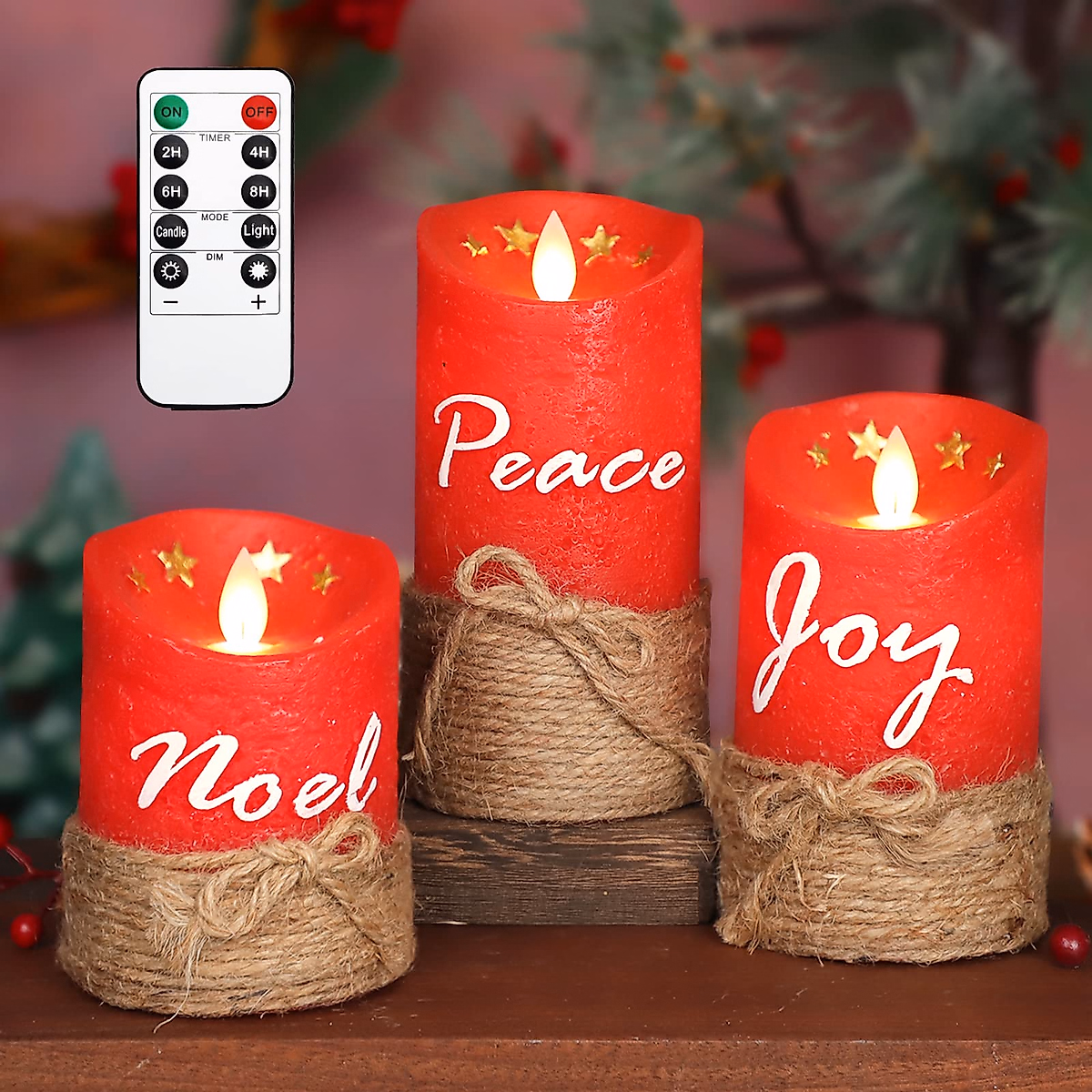 FLAVCHARM Holiday Flameless Candles, Peace Joy Noel with Rope Red LED Flickering Candles Battery Operated with Remote Control, Christmas Decoration for Home, Tablecenter, Bedroom, Bar Party