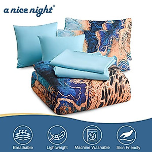 A Nice Night Marble Like Burning Mountain Printed Bedding Set,Retro Style Watercolor Artwork Design,Ultra Soft Comforter Set, 7pcs Bed in a Bag,Queen,Blue