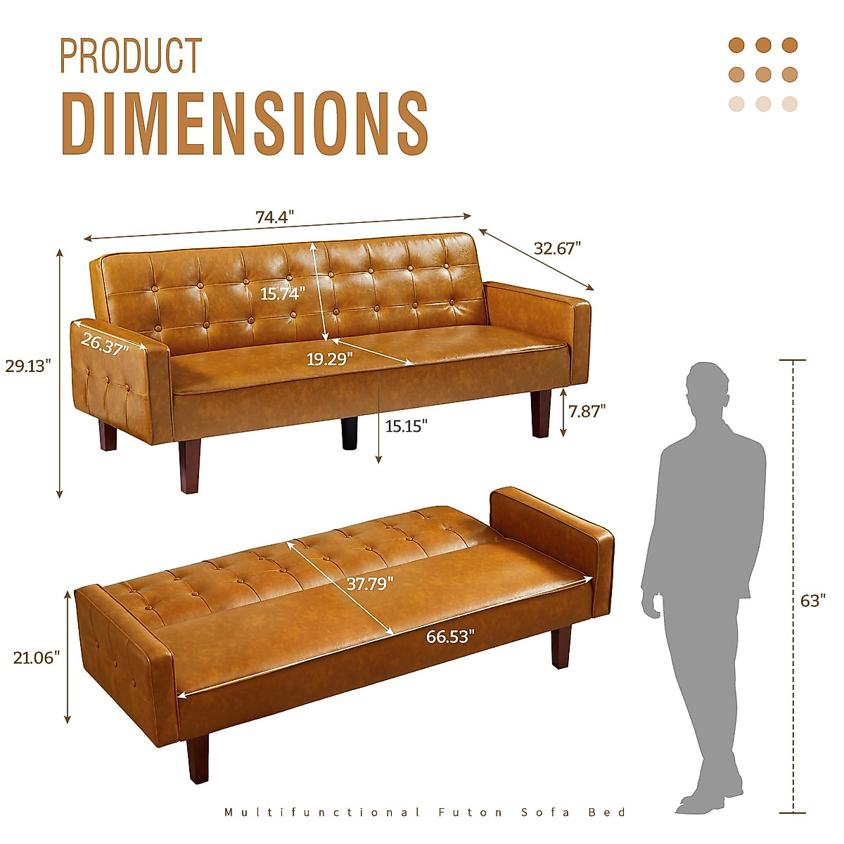 IULULU Futon Sofa Bed, Modern Convertible Faux Leather Sleeper Couch with Armrests for Studio, Office, Apartment, Compact Living, Game Room, Overnight Guests, Brown