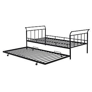 Full Size Daybed with Trundle Twin, Heavy Duty Daybed with Curved Handle and Slats, Metal Daybed for Kids, Girls, Boys, No Box Spring Needed, Black Day Bed Full Size