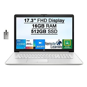HP 17.3 FHD Laptop Computer, Intel Core i5-1135G7 Processor(> i7-1065G7), 16GB RAM, 512GB PCIe SSD, Backlit Keyboard, Intel Iris Xe Graphics, HD Webcam, Win 10, Silver, 32GB Hotface USB Card