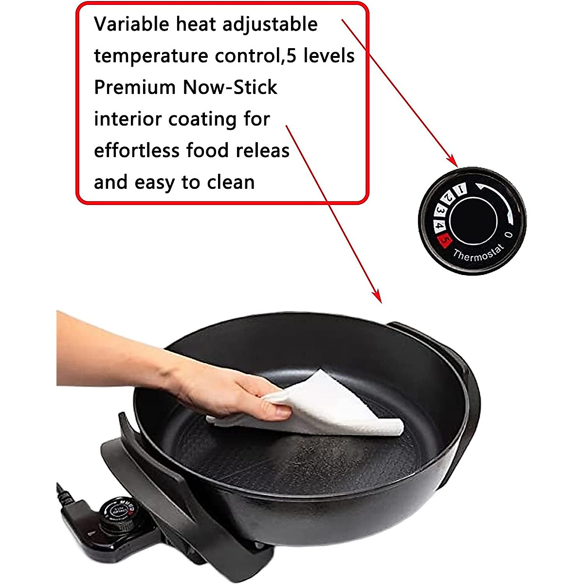 Extra Deep Electric Skillet Nonstick - Adjustable Temperature Control Aluminum Electric Fryer (12 Inch)