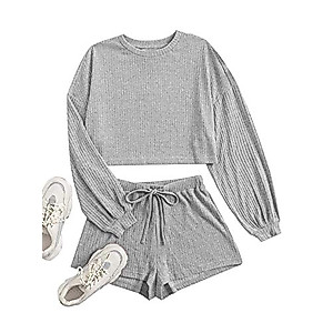 Verdusa Women's Rib Knit Long Sleeve Lounge Set 2 Piece PJ Set Nightwear Pajama Set Grey L