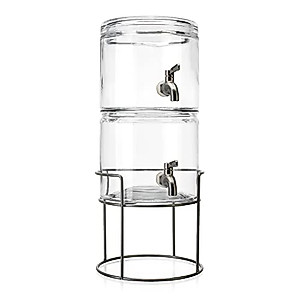 Set Of Two (2) 1 Gallon Each Stacked Quality Ice Cold Clear Glass Jug Beverage Dispensers With Metal Caddy Display With Easy Fill Spigot- Great For Outdoors, Parties, Bars & Daily Use