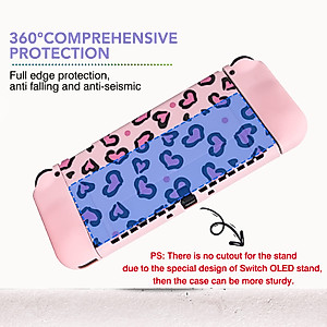DLseego Pink Love Leopard Carrying Case for Switch OLED, Cute Silicone Protective Soft Cover with 4PCS Thumb Grip Caps and Pink Plush Heart Pendant Hard Storage Case Accessories Kit Bundle for Girls
