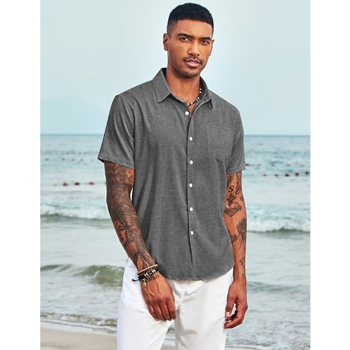 COOFANDY Men's Western Casual Shirt Button Up Basic Solid Linen Business Shirts Hawaiian Vacation Shirts Short Sleeve - Black