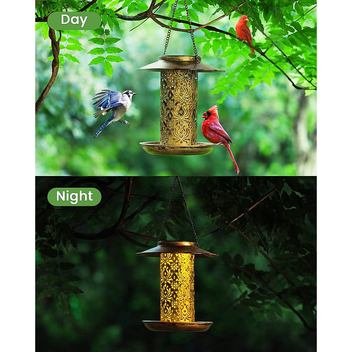 SWEETFULL Solar Bird Feeder for Outdoors Hanging, Metal Wild Bird Feeder for Cardinals Solar Garden Lantern with S Hook as Gift Ideas for Bird Lovers (2LBs Heavy Duty Weather Resistance birdfeeders)